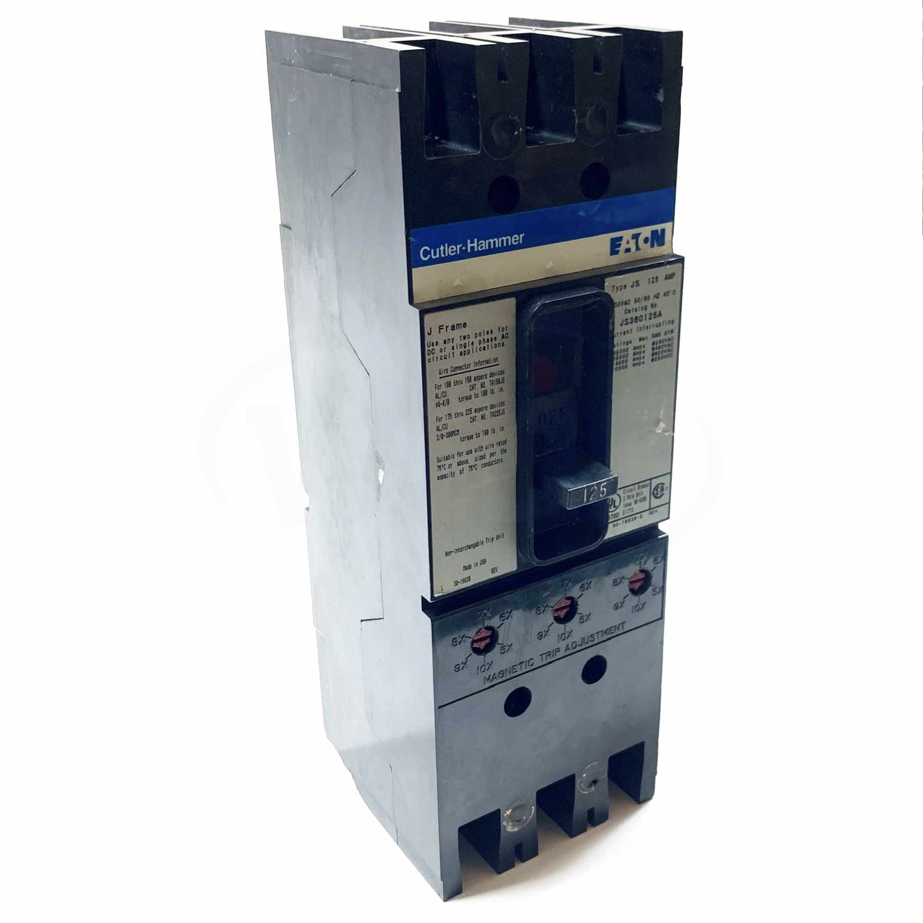 JS360125A Eaton Cutler-Hammer Circuit Breaker, Type JS, 125Amp, 600Vac ...