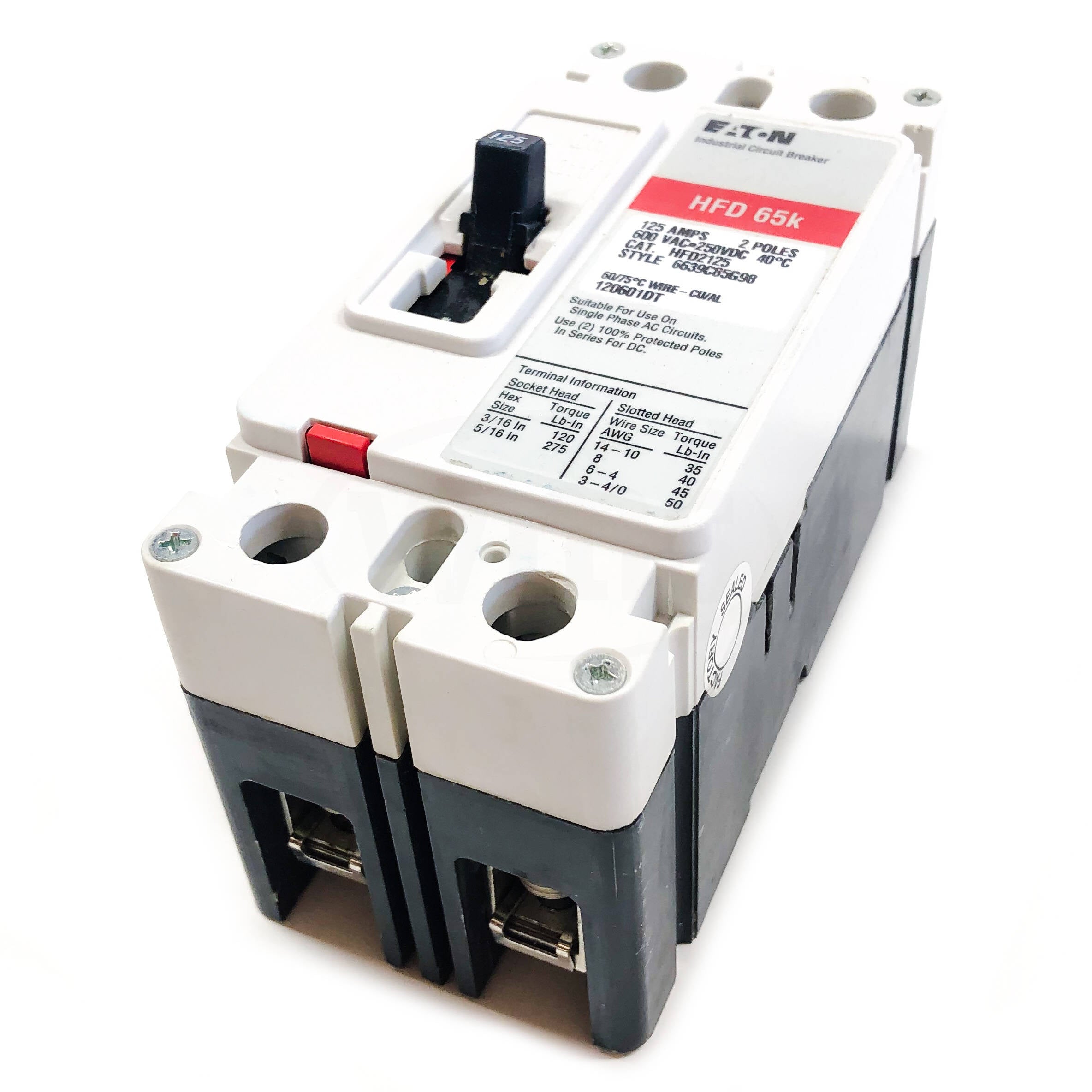 HFD2125 Eaton Industrial Circuit Breaker, 125 Amps, 2 Pole | Witmer ...